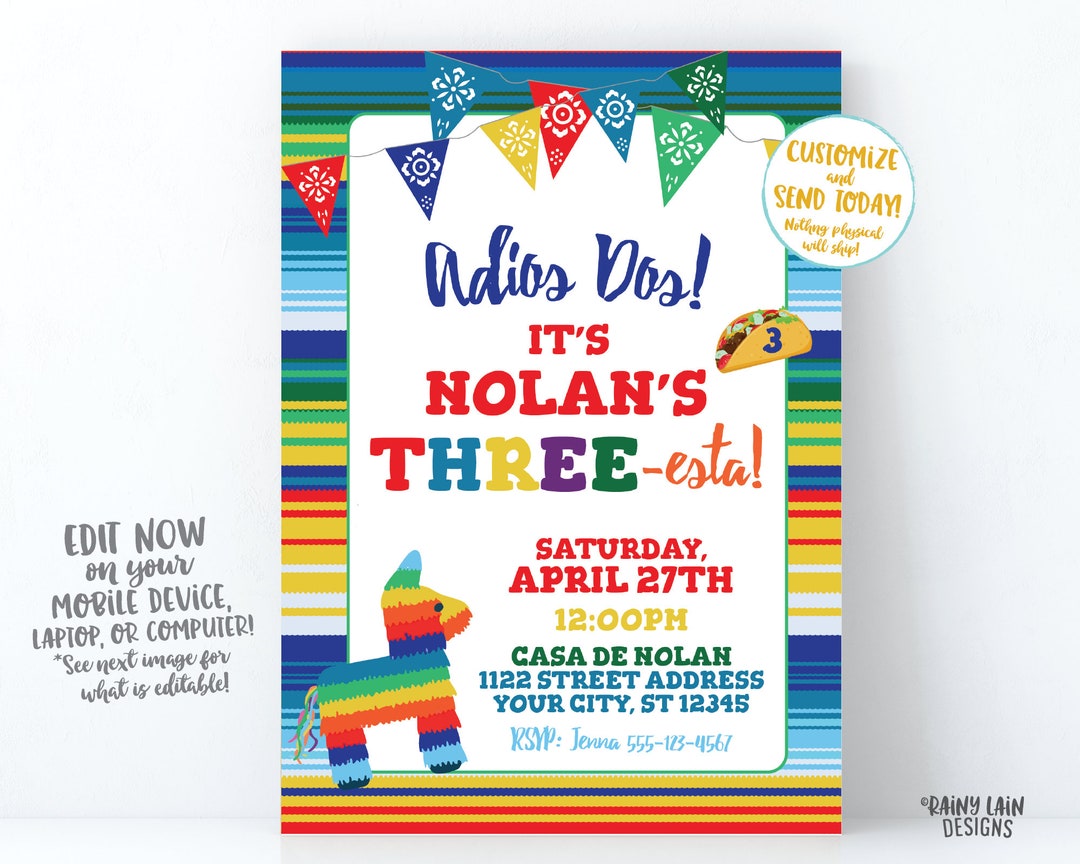 Three-esta Birthday Invitation Boy Three Esta Invitation, Adios Dos ...