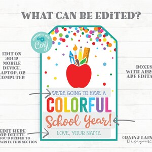 Colorful School Year Gift Tag Crayon Markers Paint Coloring Book ...