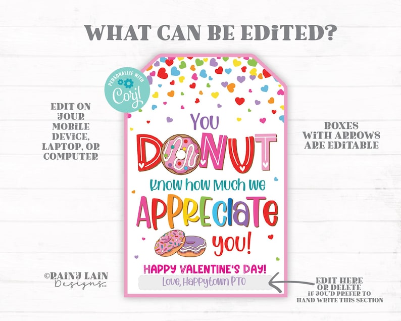 Editable Valentine's Day Donut Gift Tag, Appreciate Valentine, Donut ...
