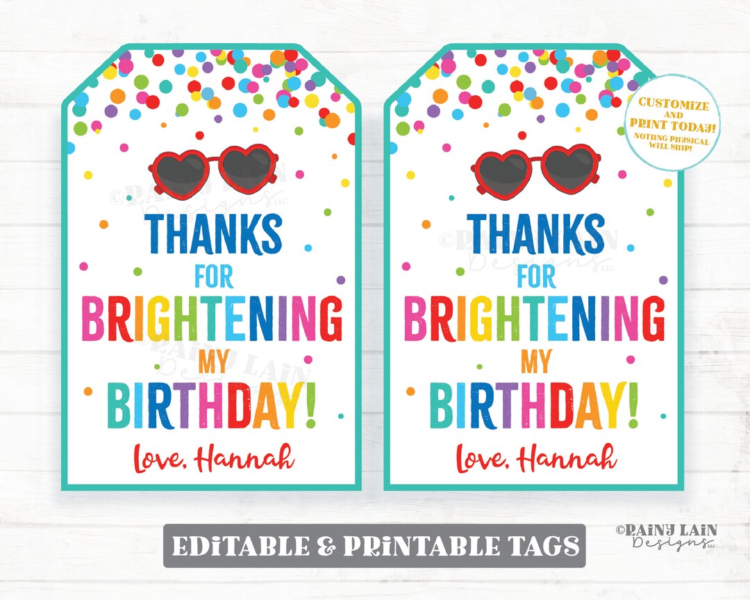 Thanks for Brightening My Birthday Tag Sunglasses Party Favor Tags Sun ...