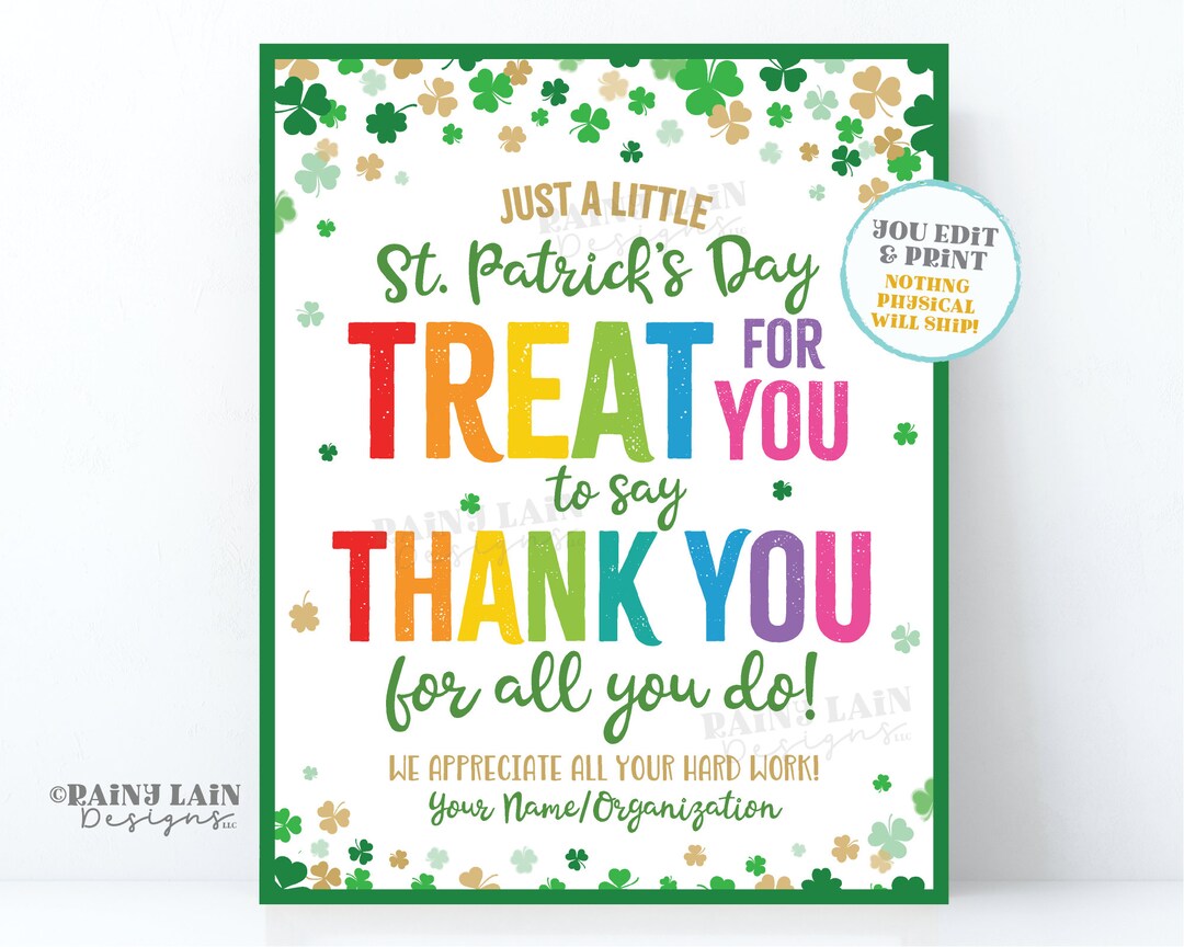 St Patrick's Day Appreciation Sign, Treat for You to Say Thank You for ...