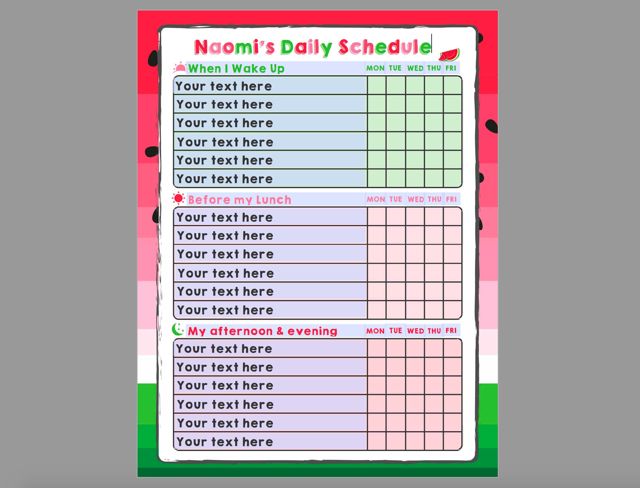 Home School Schedule Editable Kids Schedule Summer Watermelon Printable ...