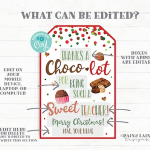 Thanks a Choco-lot for Being a Sweet Teacher Tag Christmas Holiday ...