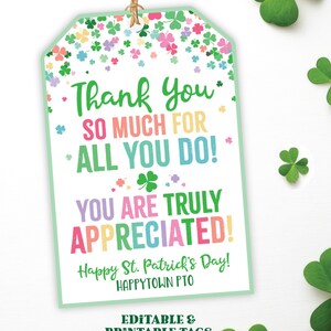 St Patrick's Day Gift Tag Thank You for All You Do Staff Appreciation ...