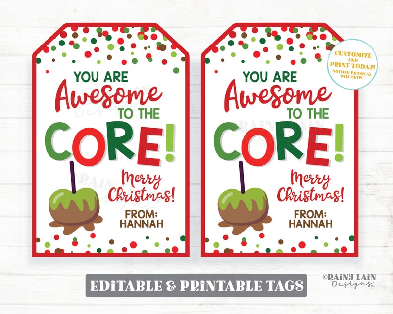Awesome to the Core Christmas Tag Candy Apple Caramel Thank You Gift ...