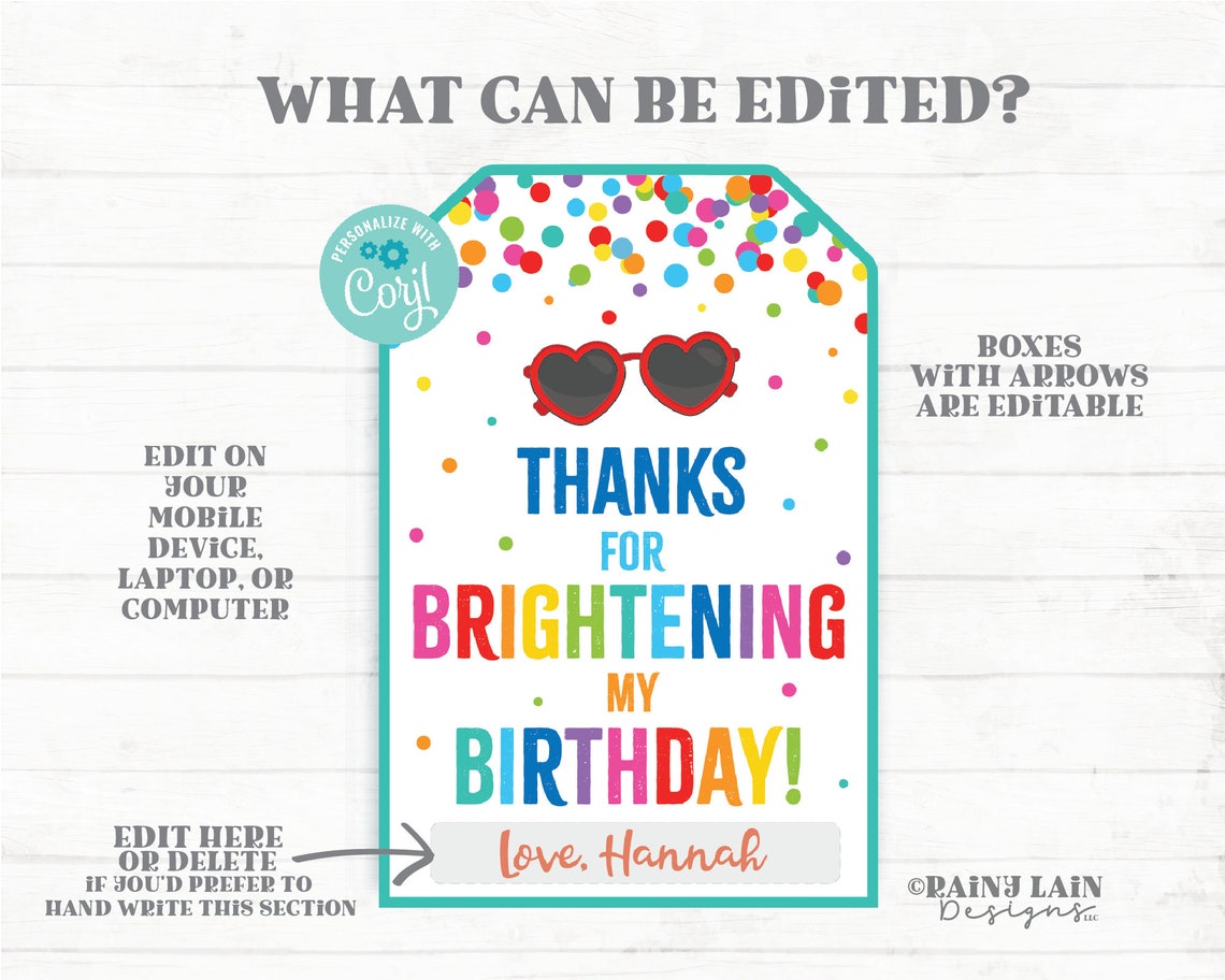 Thanks for Brightening My Birthday Tag Sunglasses Party Favor - Etsy