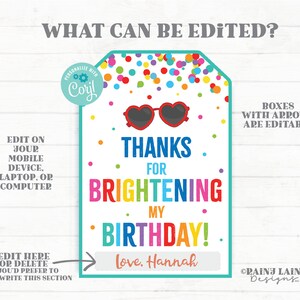 Thanks for Brightening My Birthday Tag Sunglasses Party Favor Tags Sun ...