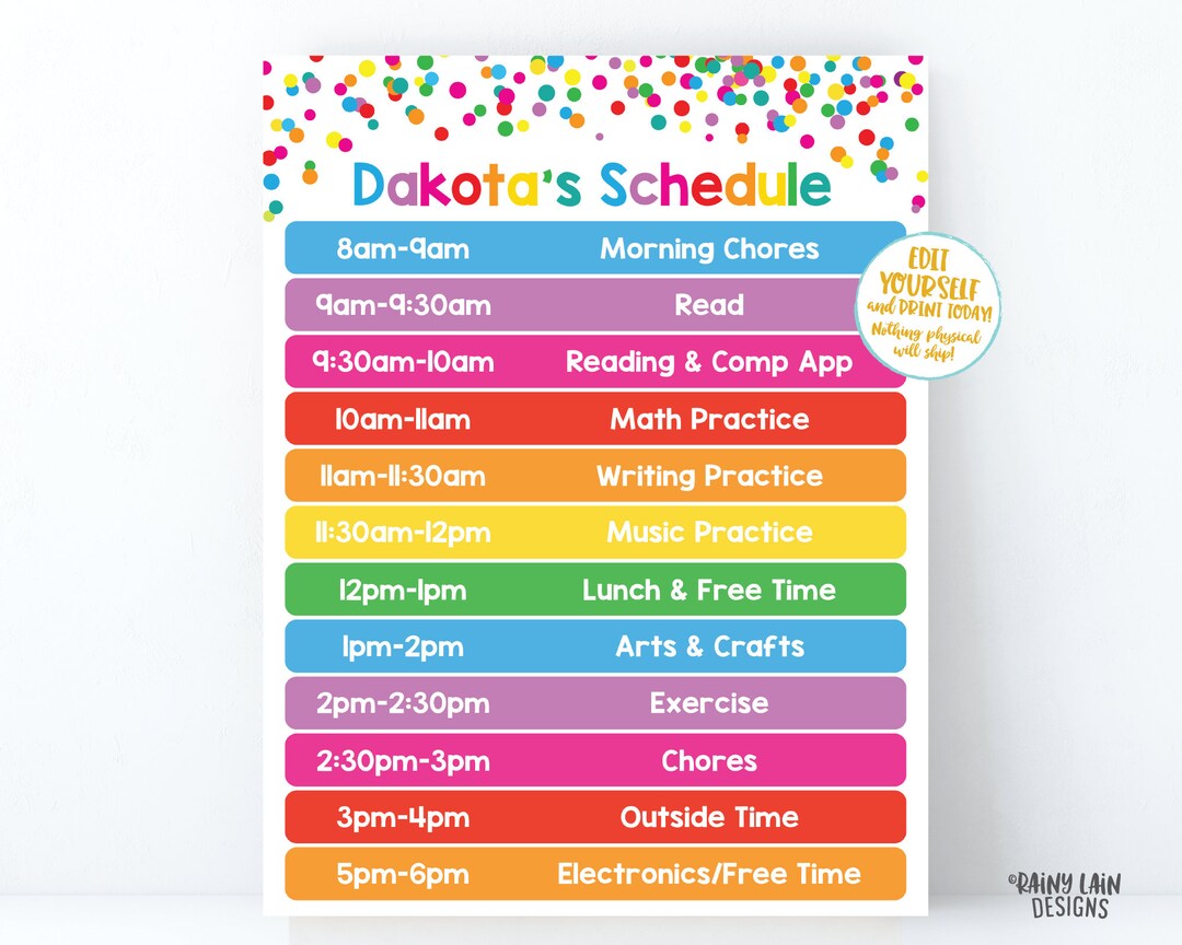 Kids Home School Schedule Printable Editable Daily Schedule Kids Task ...