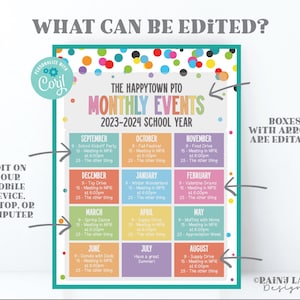 Editable PTO PTA Monthly Events Template Printable School Calendar, Parent Volunteer Newsletter ...
