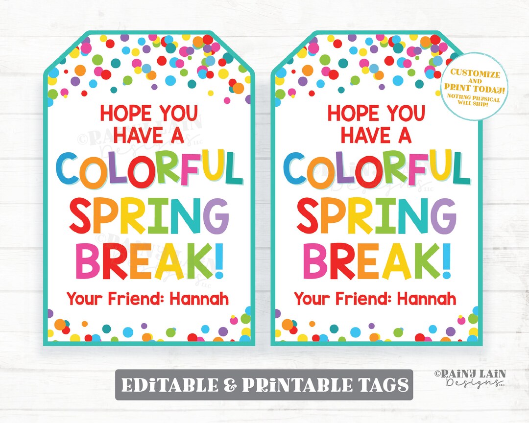 Colorful Spring Break Tags Spring Gift Tags Coloring Book Crayons ...