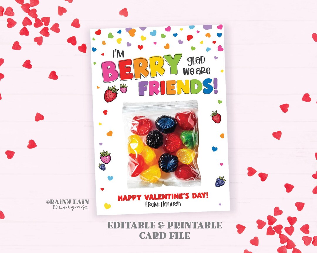 Printable Fruit Snack Valentine Card, Berry Happy Valentine, Friend ...