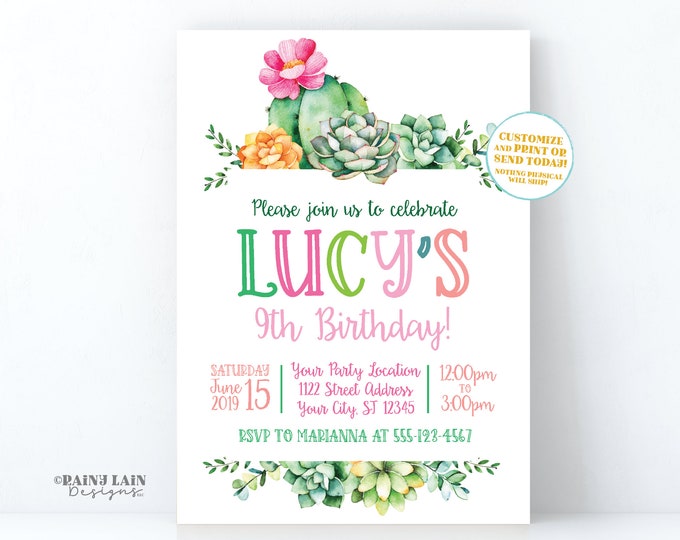 Cactus Birthday Invitation, Printable, Instant Download, Girl Birthday ...