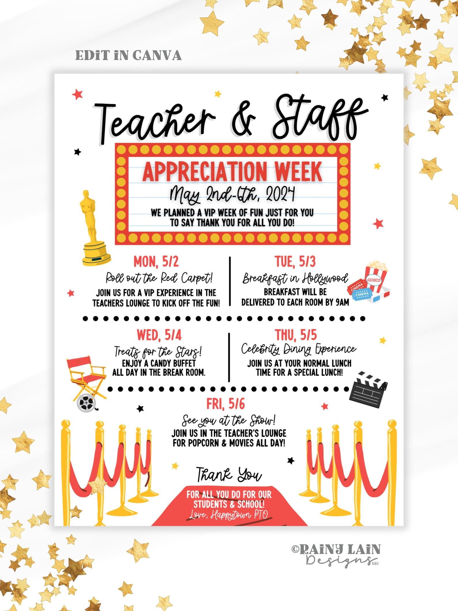 Editable Teacher Appreciation Week Flyer Template, Hollywood Theme ...