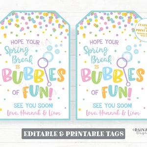 Hope Your Spring Break is Bubbles of Fun Tags Easter Spring School Gift ...