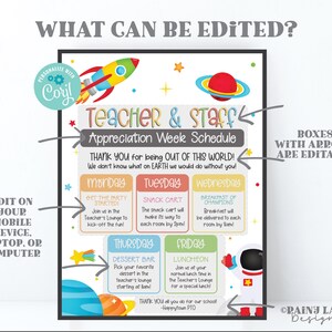 Outer Space Teacher Appreciation Week Schedule, Space Theme Editable ...