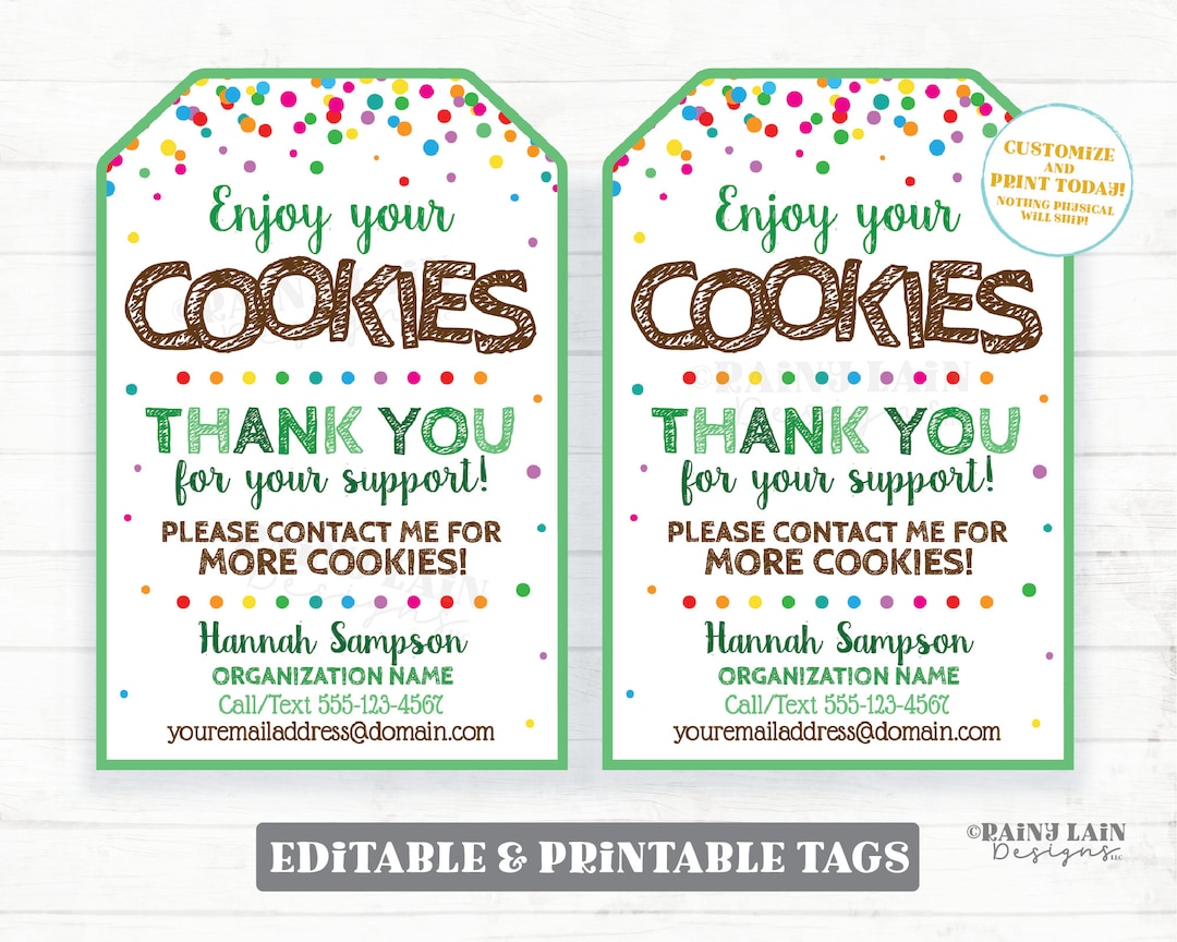 Editable Cookie Thank You Tag Cookies Fundraiser Booth Printable Sales ...