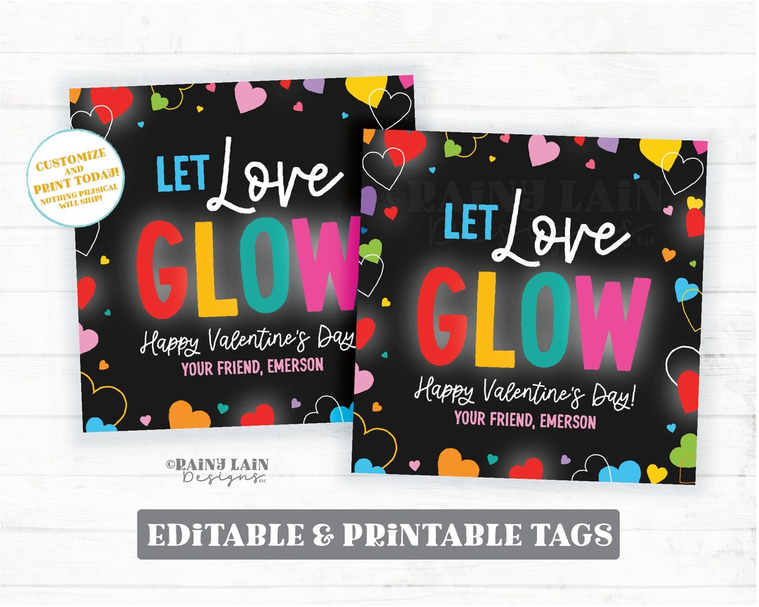 Let Love Glow Valentine, Glow Stick Bracelet, Editable Square, Gift Tag ...