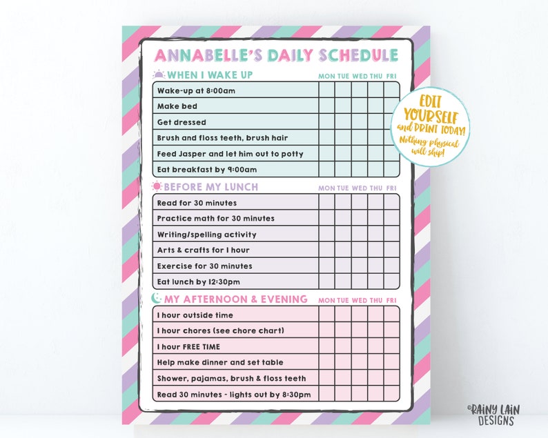 Printable Kids Daily Checklist Home School Schedule Editable Kids ...