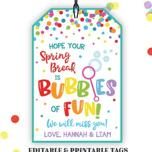 Hope Your Spring Break is Bubbles of Fun Tags Spring School Gift Tags ...