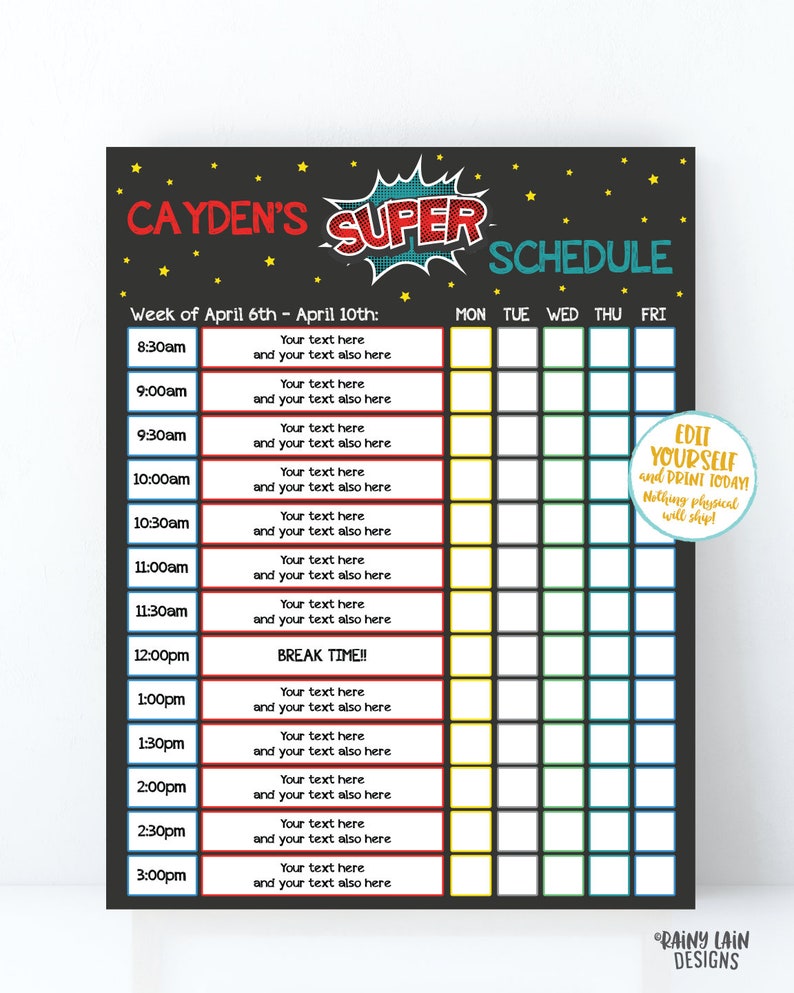 Editable Home School Schedule Superhero Printable Kids | Etsy
