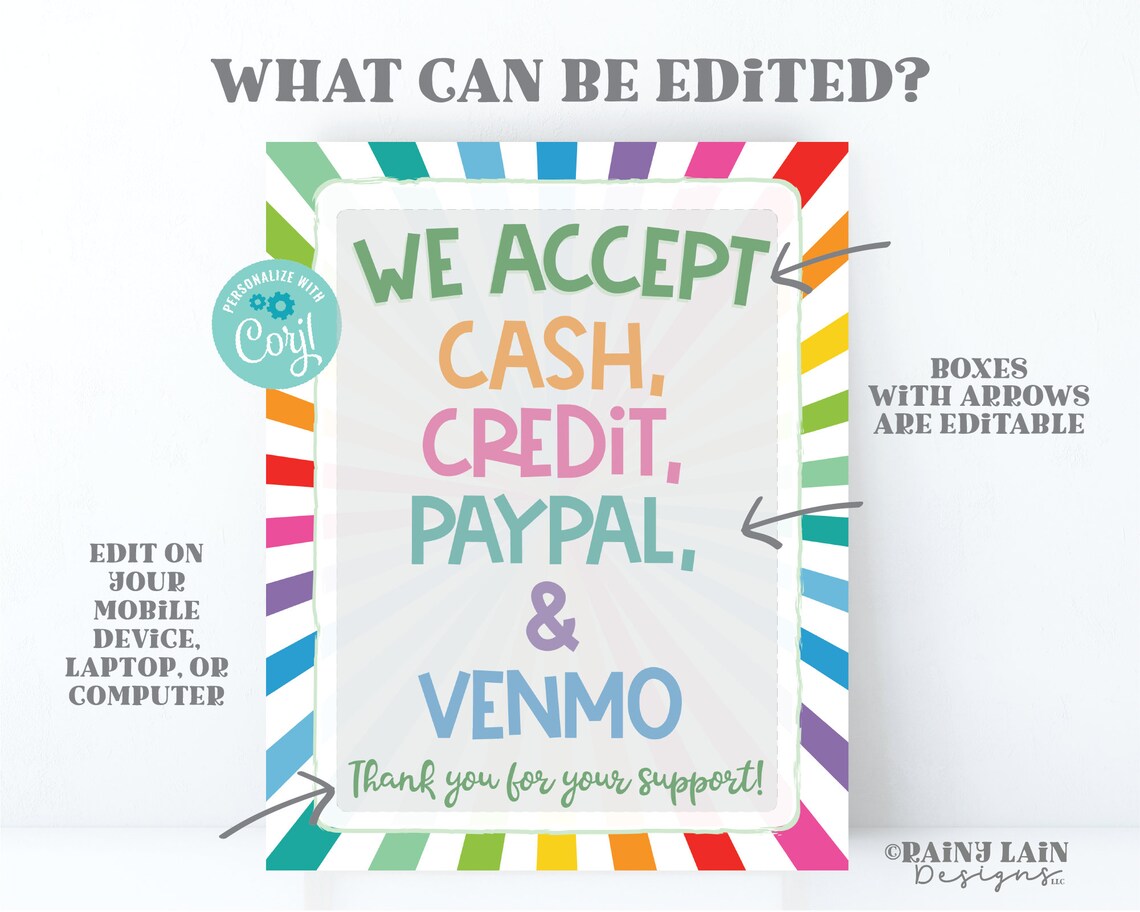 We Accept Cash and Credit Cards Sign Editable Paypal Venmo - Etsy