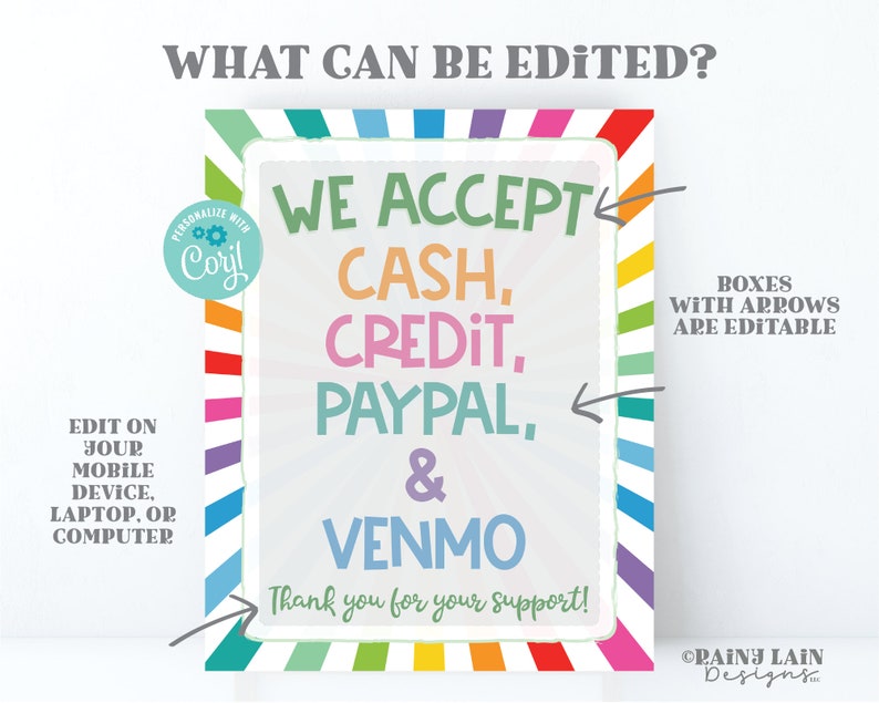 We Accept Cash and Credit Cards Sign Editable Paypal Venmo Cookie Booth ...