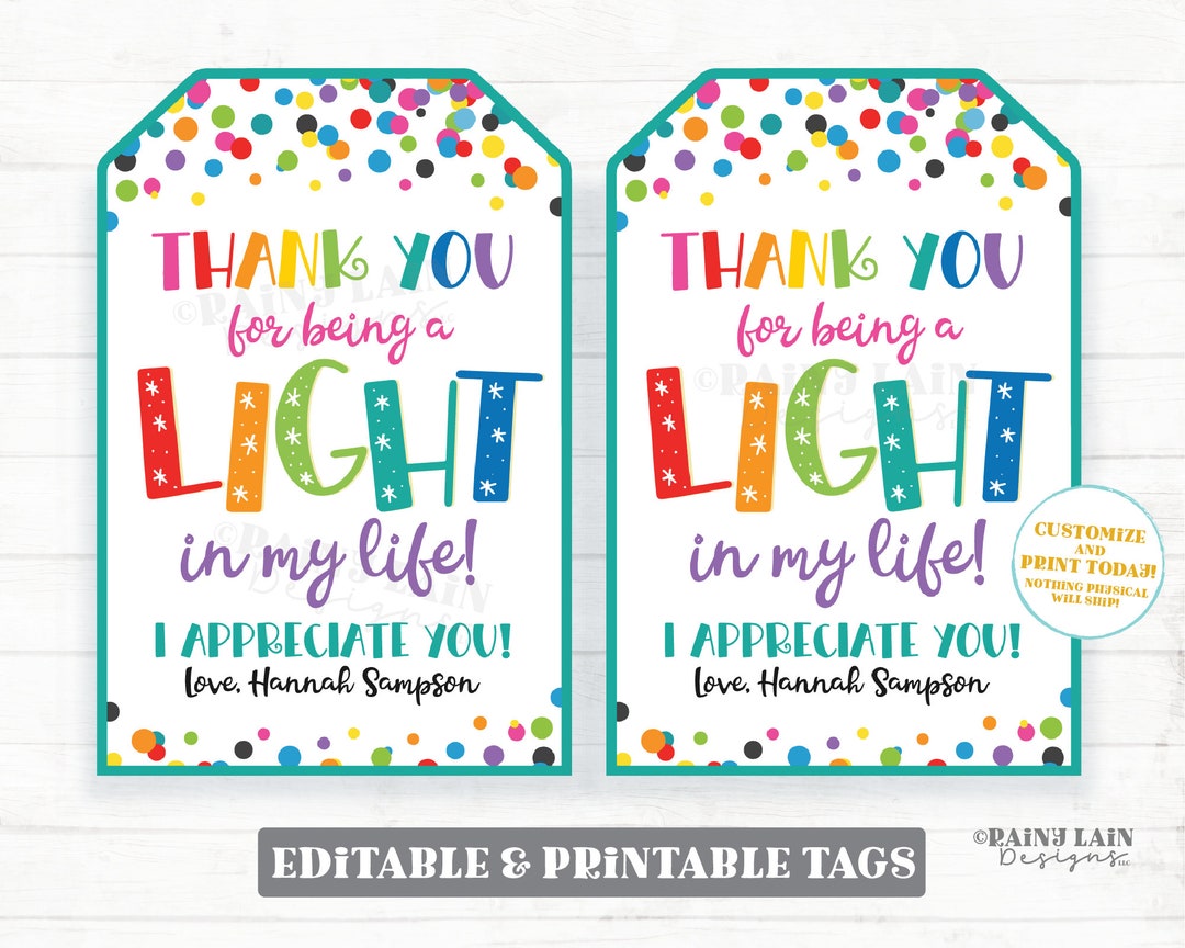 Thank You for Being a Light in My Life Candle Tag, Lights Gift ...