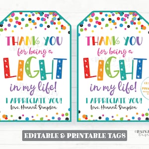 Thank You for Being a Light in My Life Candle Tag, Lights Gift ...