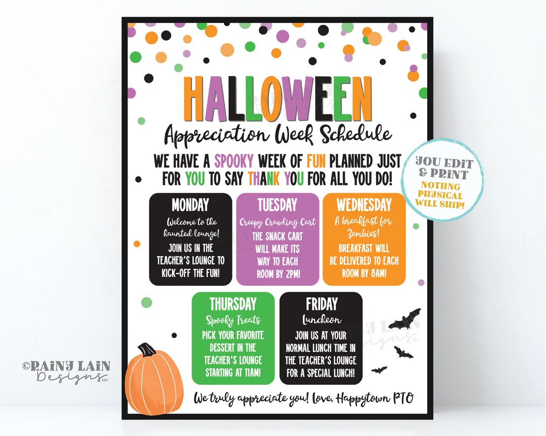 Editable Halloween Appreciation Week Schedule Flyer Itinerary Luncheon ...