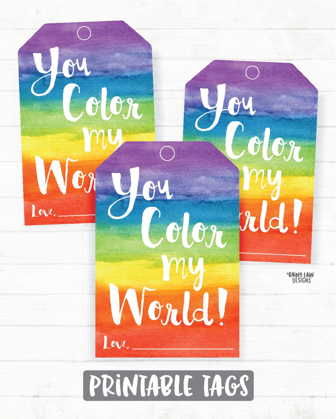 You Color My World Valentine Tag Rainbow Watercolor Paint - Etsy