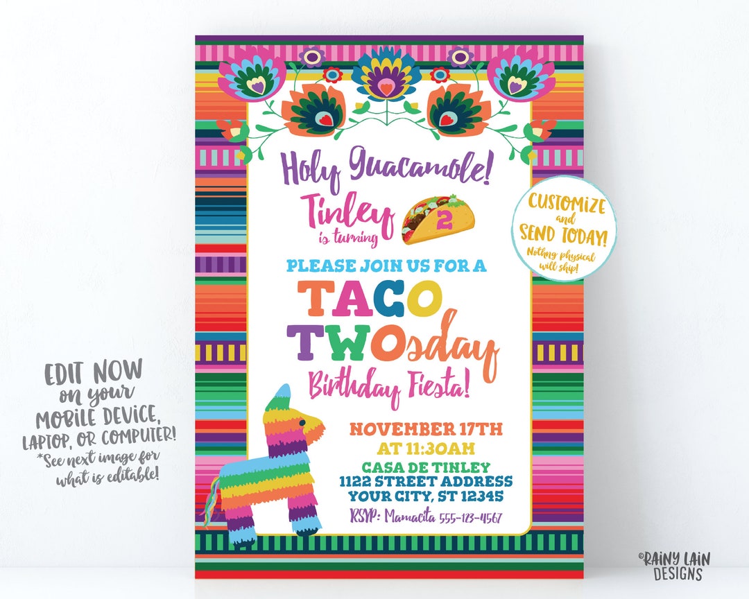 Girl Taco Twosday Invitation, Taco Twosday Invite, Fiesta Invitations ...