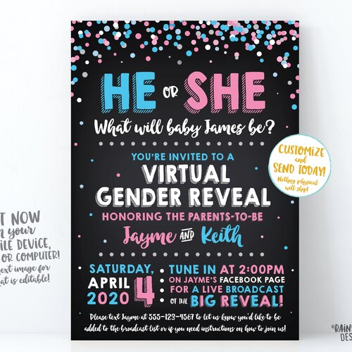 Virtual Gender Reveal Invitation Social Distance Gender - Etsy
