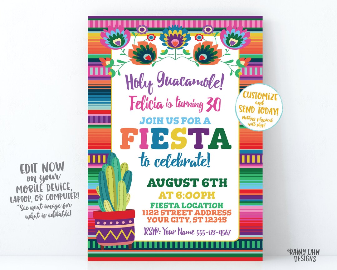 Fiesta Birthday Invitation, Serape and Cactus Design, Printable Digital ...