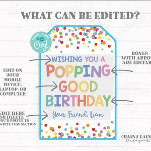 Wishing You A Popping Good Birthday, Editable Gift Tag, Pop Fidget Toy ...