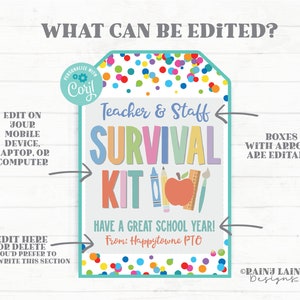 Teacher and Staff Survival Kit Tag Editable Back to School 1st Day Gift ...