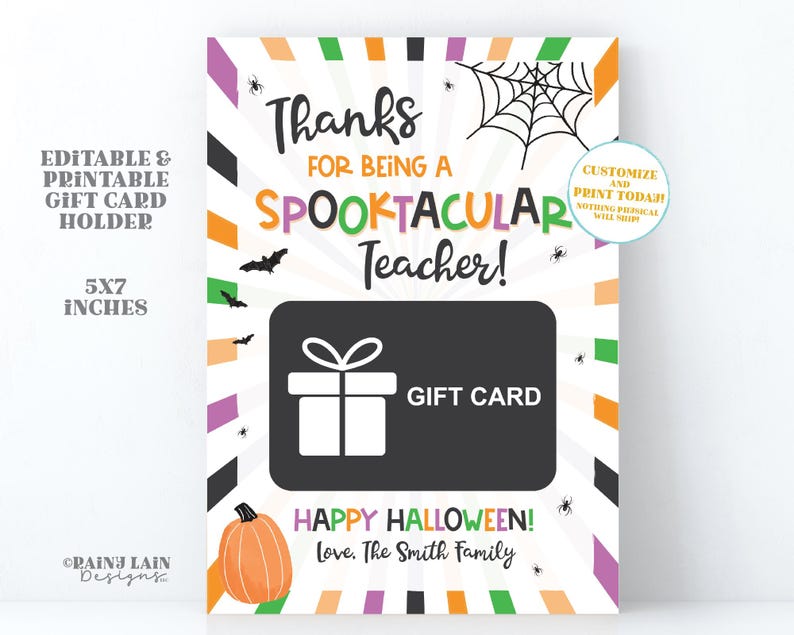 Editable Halloween Printable Gift Card Holder for Teacher, Thank You ...