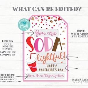 You Are Sodalightful Valentine Tag, Editable Valentine's Day Soda Gift ...