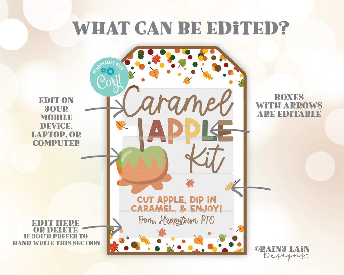 Caramel Apple Kit Gift Tags, Editable, Fall Treat, Appreciation, Candy ...