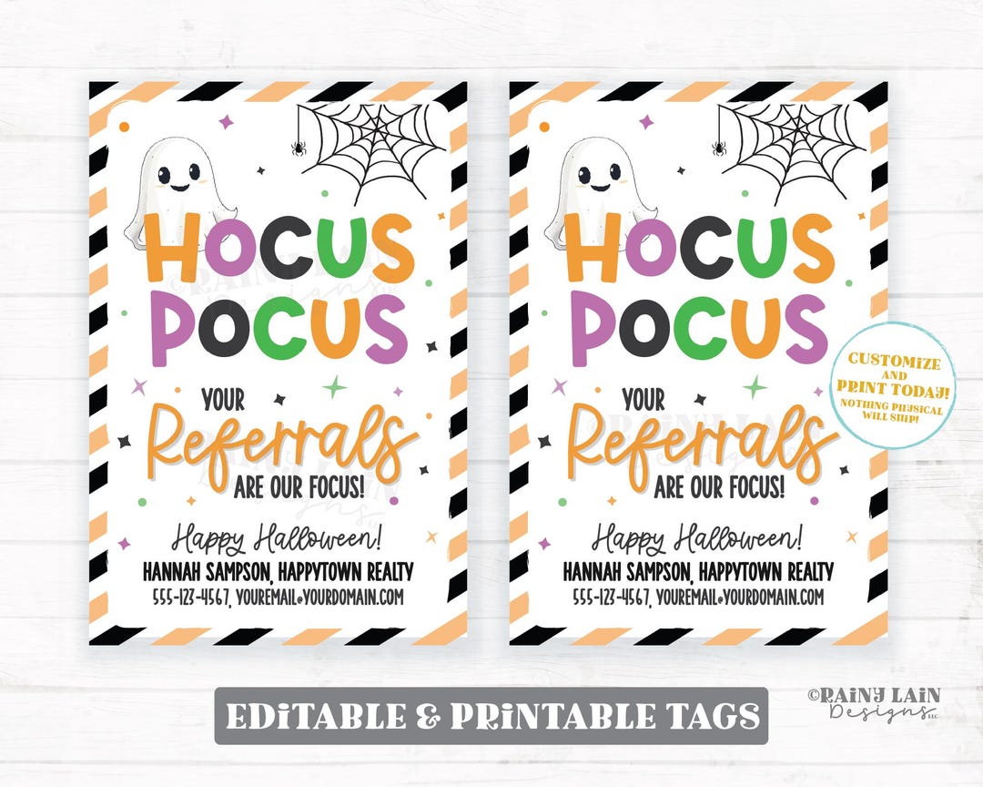 Hocus Pocus Your Referrals Are Our Focus Editable Halloween Gift Tags ...