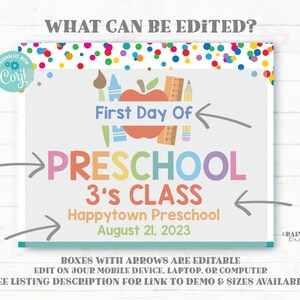 Editable First Day of School Sign 1st Day of Preschool 3's Class ...