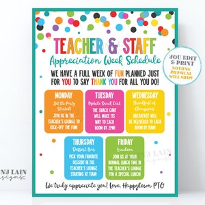Editable Teacher Appreciation Week Schedule Flyer Itinerary Luncheon ...