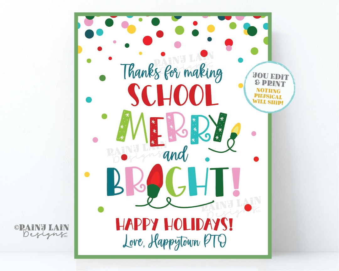 Thanks for Making School Merry and Bright Sign or Card Christmas Favor ...