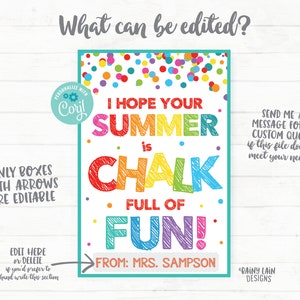 Summer Chalk Full of Fun Tags End of School Year Gift Tags Preschool ...