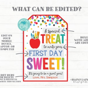 Treat to Make Your First Day Sweet Tag Welcome Back to School Gift ...