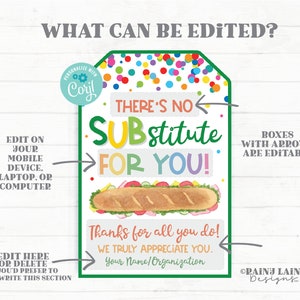 There's No Substitute for You Sub Sandwich Gift Tag Thank You ...