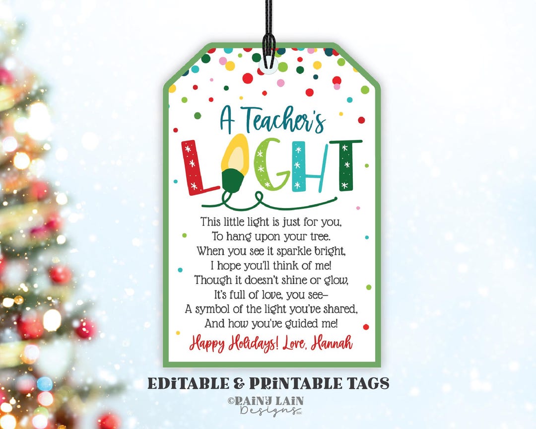 Editable A Teachers Light Gift Tag, Christmas Ornament, Paraeducator ...
