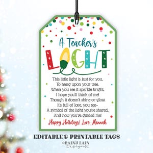 Editable A Teachers Light Gift Tag, Christmas Ornament, Paraeducator ...