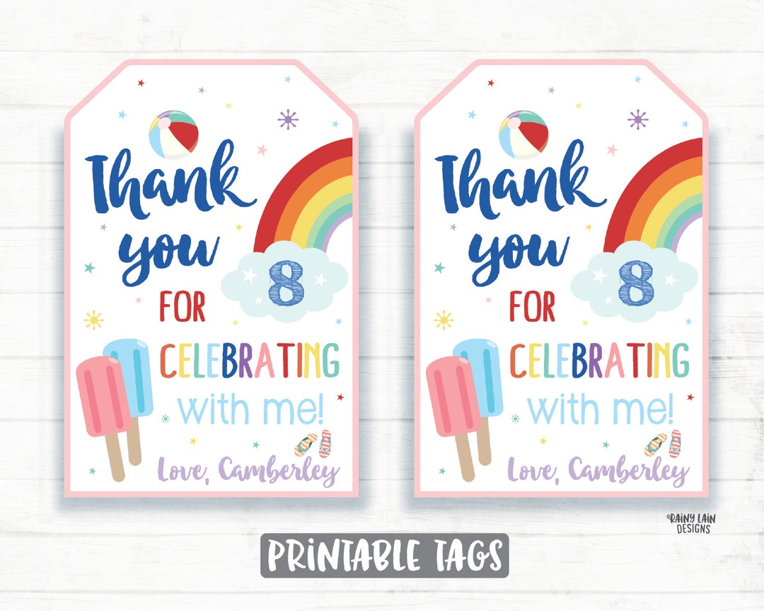Summer Birthday Party Thank You Tags, Pool Party Favor Tags, Rainbow ...
