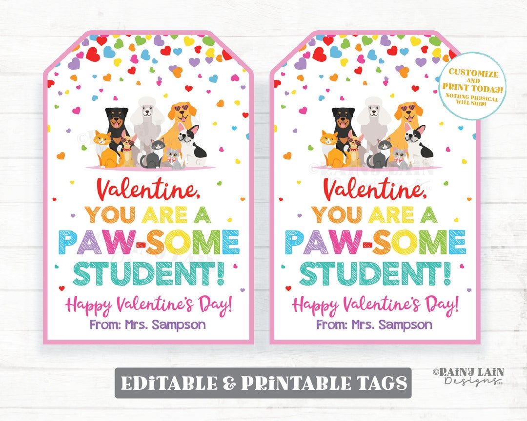 Pawsome Student Valentine, Paw-some Valentine's Day Tag, Cats, Kitten ...