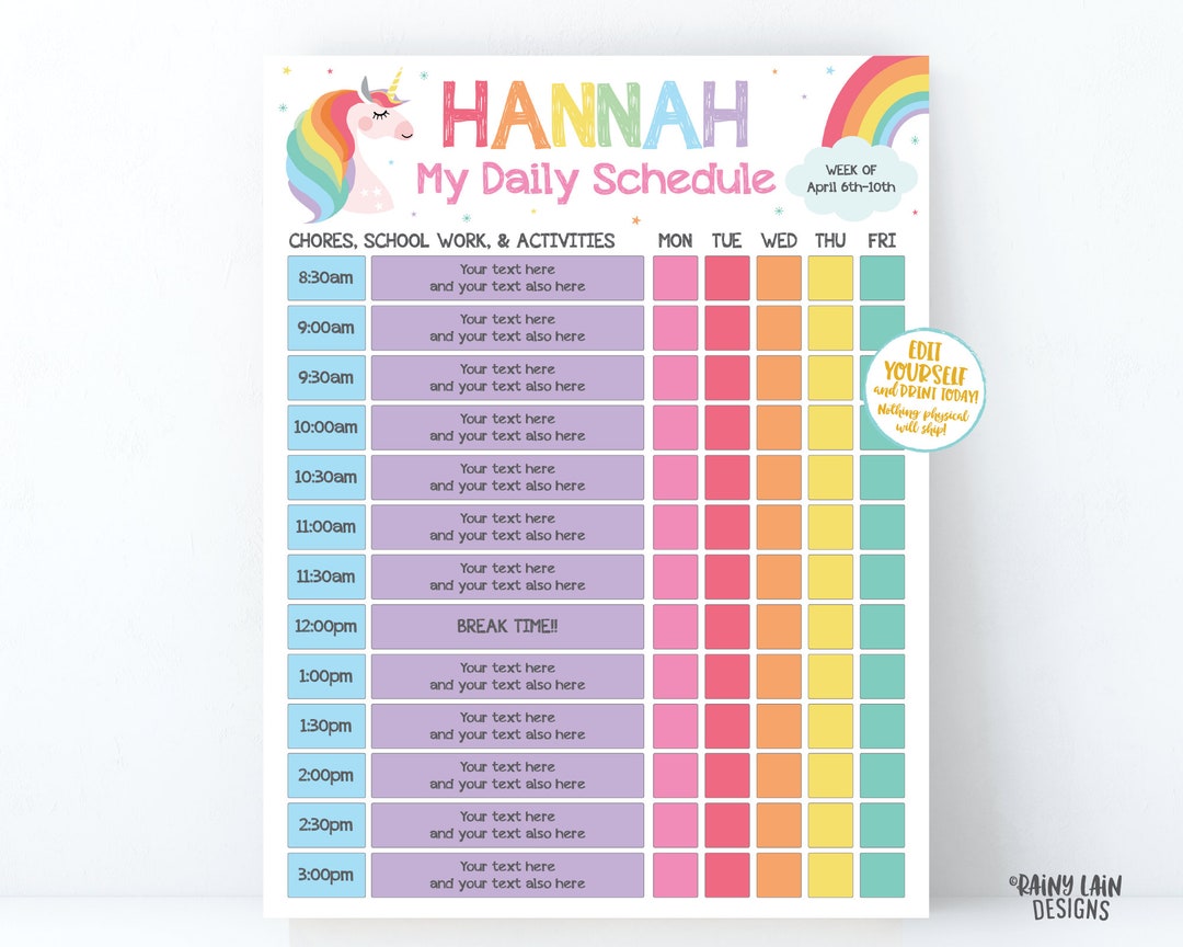 Editable Home School Schedule Unicorn Chore Chart Printable Kids ...